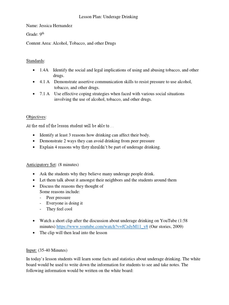 HSC 430 - Lesson Plan Underage Drinking | PDF | Alcoholism | Central ...