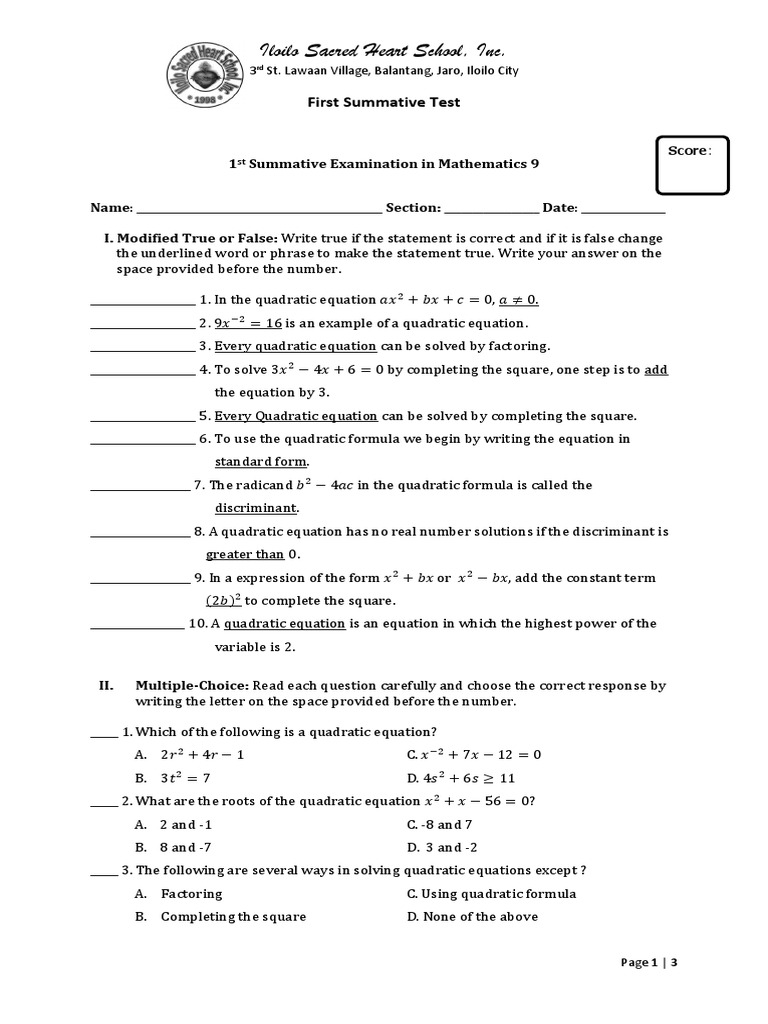 Grade 9 Math Summative | PDF | Quadratic Equation | Equations