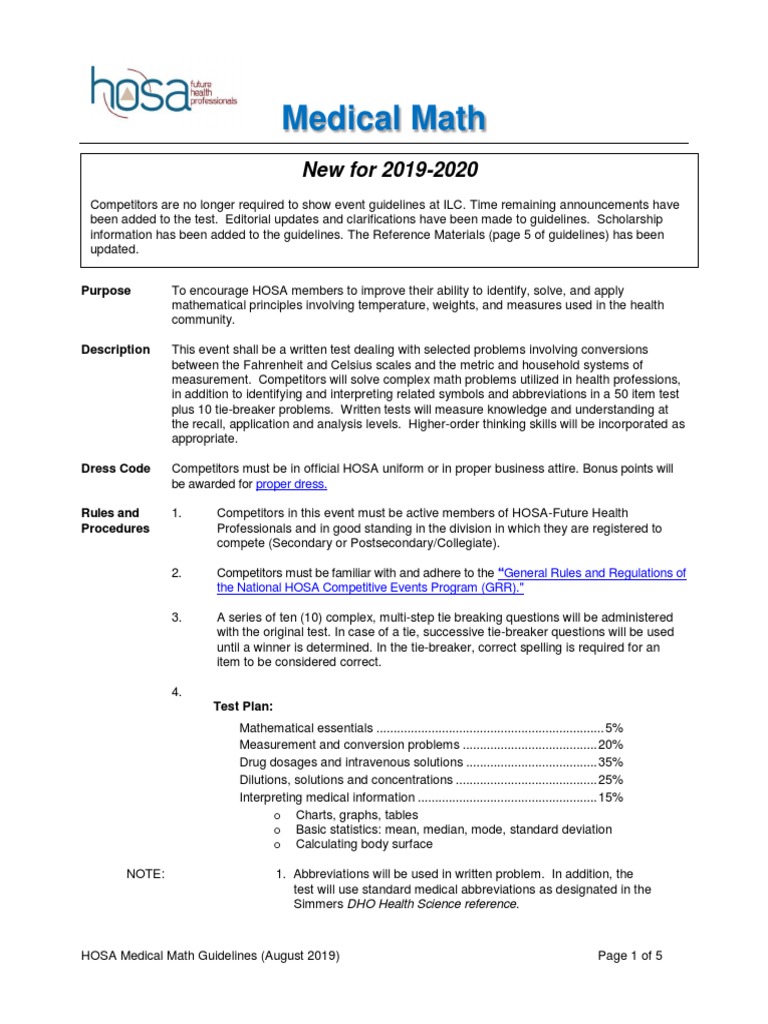 Hosa Medical Math Guidelines | PDF | Litre | Pound (Mass)