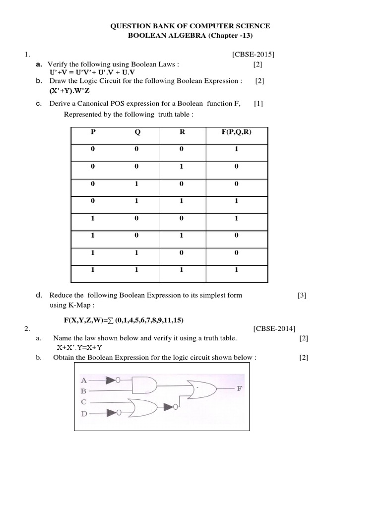 Boolean Algebra Question Bank with Solutions for Common Logical ...
