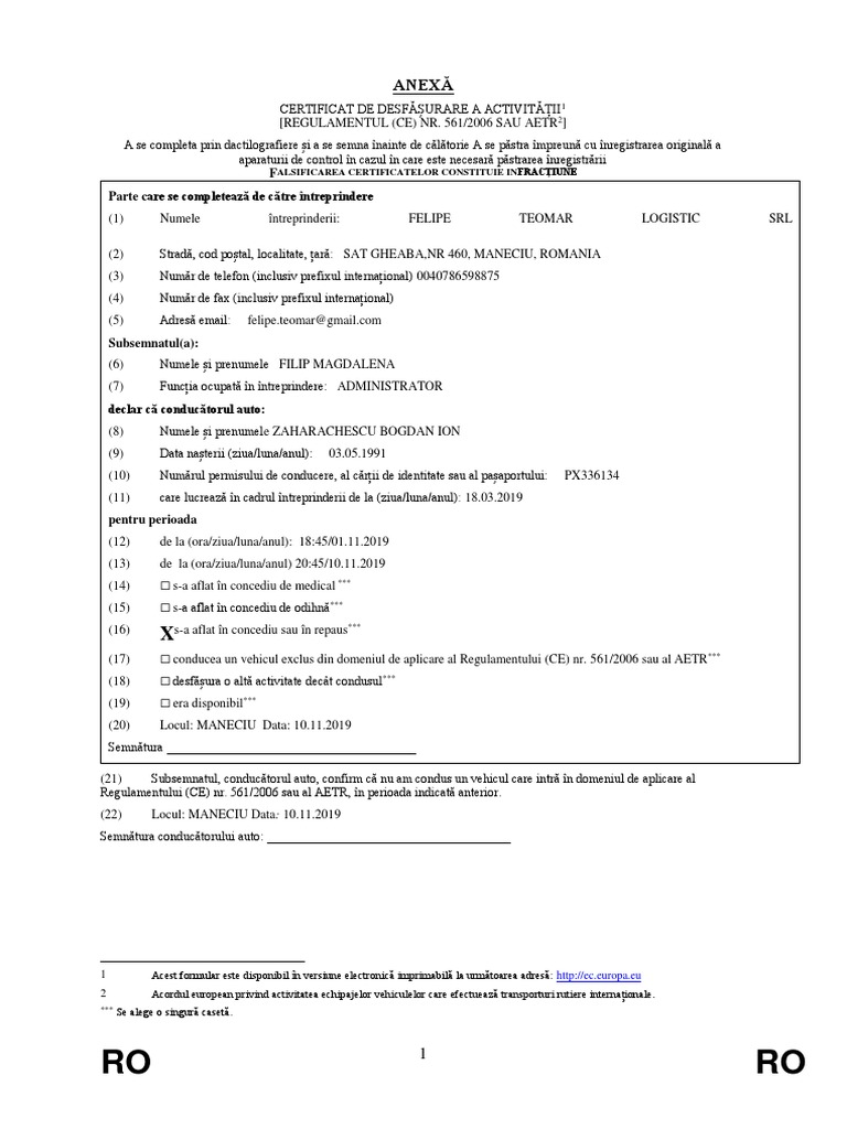 Certificat de Desfasurare A Activitatii - Foaie Concediu Sofer