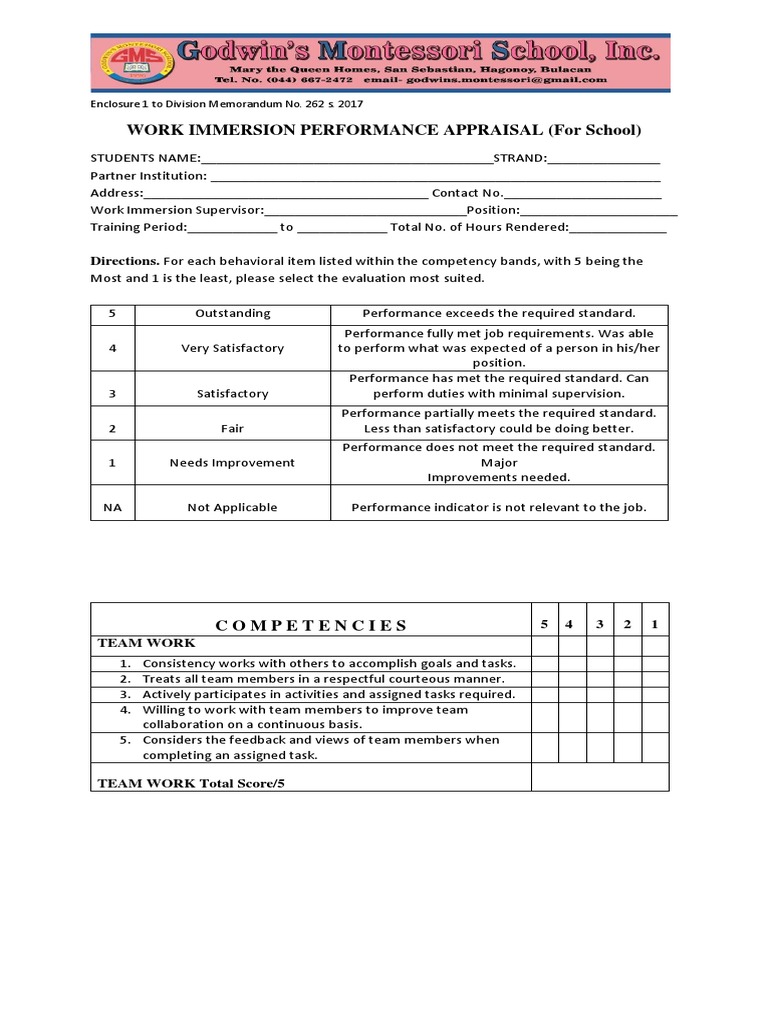 Work Immersion Performance Appraisal (For School) | PDF | Psychological ...