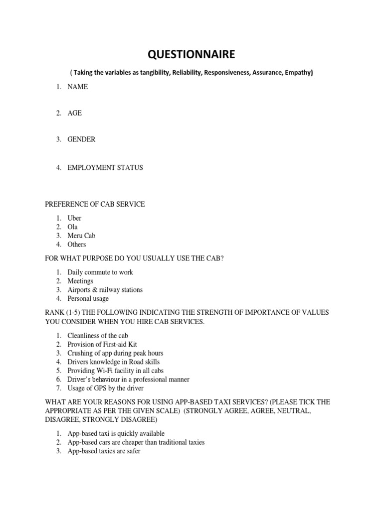Servqual Questionnaire | PDF | Taxicab | Transport
