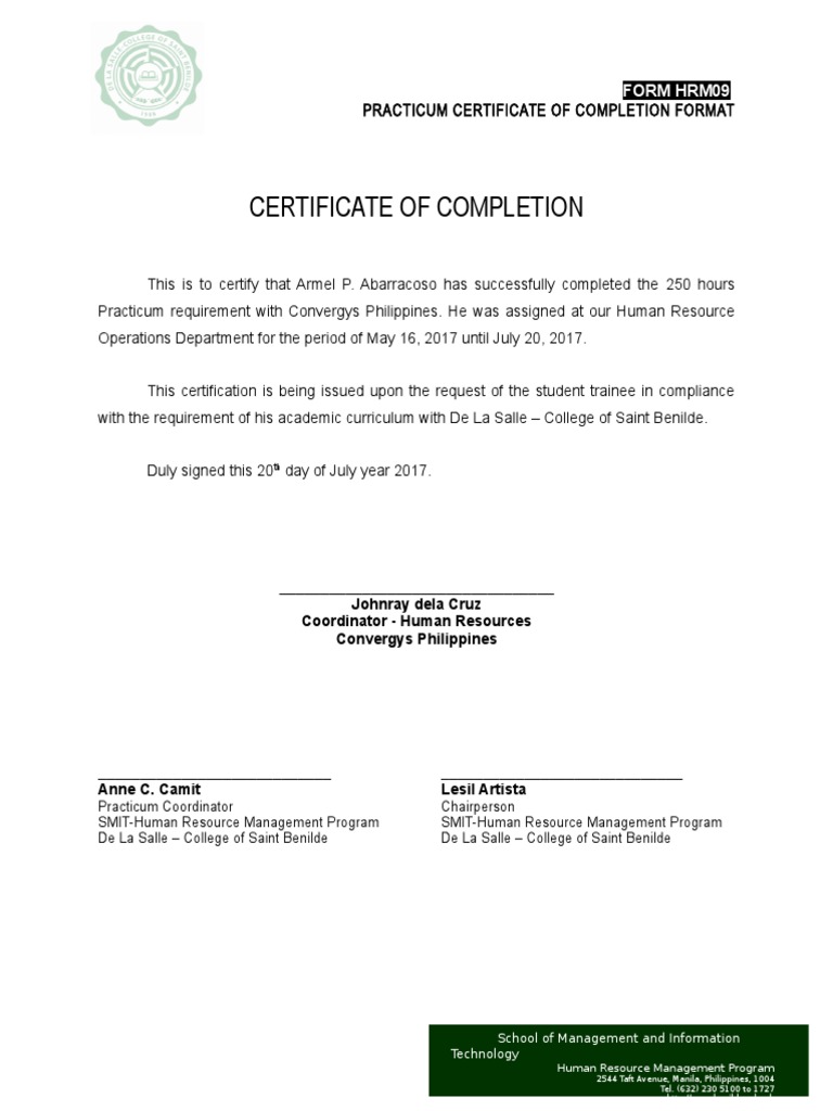 Certificate of Completion Format | PDF