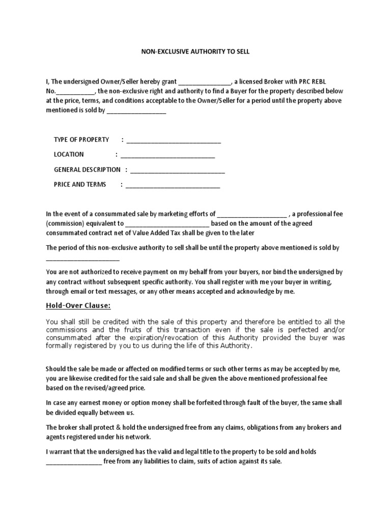 NON Exclusive Authority To Sell Format 1 | PDF | Real Estate Broker ...