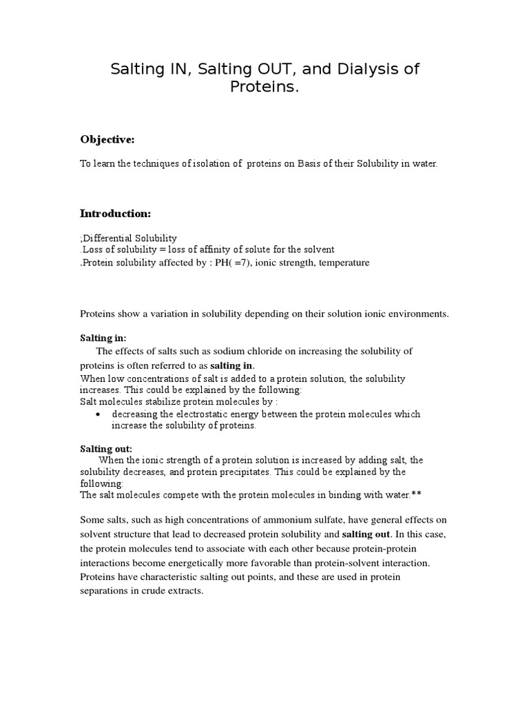 Salting IN, Salting OUT, and Dialysis of Proteins.: Objective | PDF ...