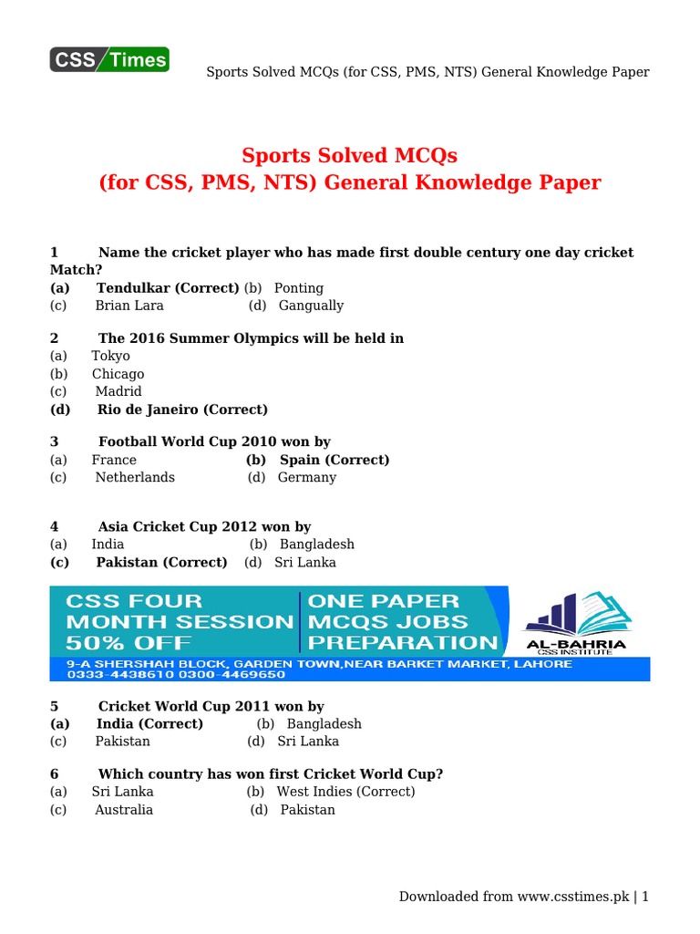 Sports Solved MCQs (For CSS, PMS, NTS) General Knowledge Paper | PDF ...