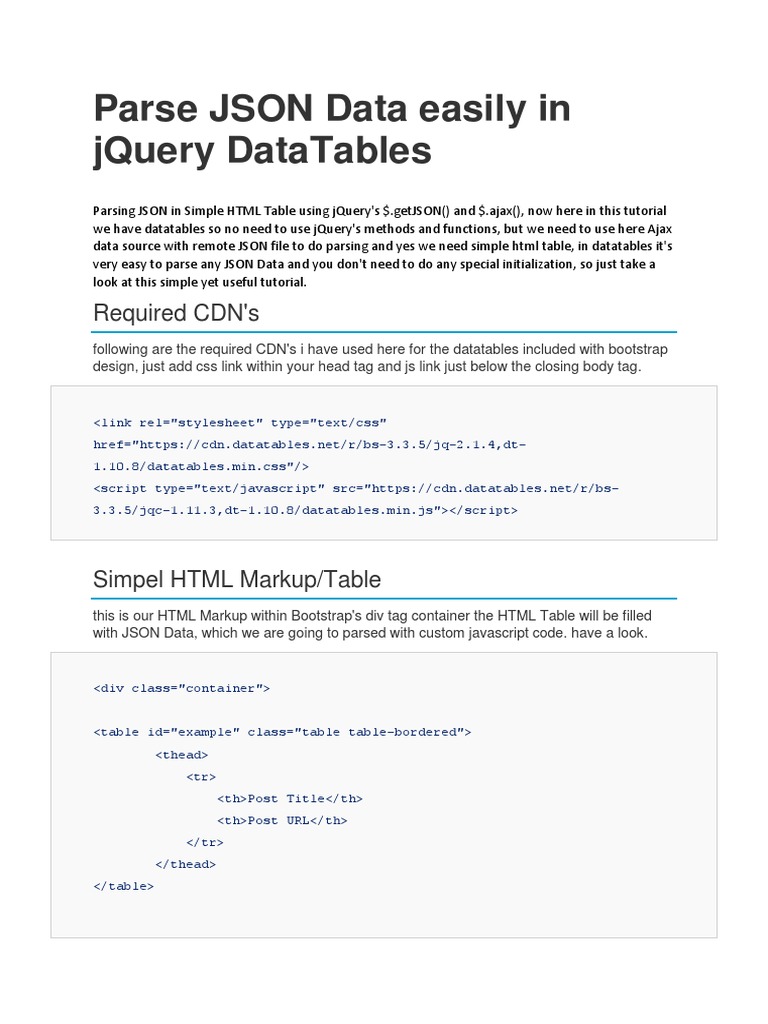 Parse Json Data Easily In Jquery Datatables Pdf Ajax Programming J Query