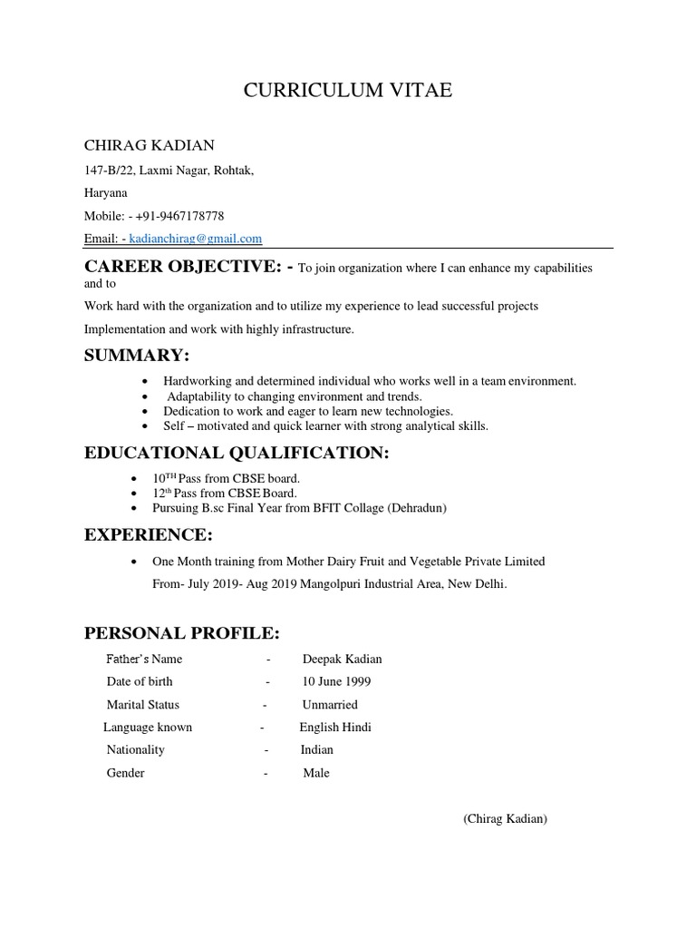 Curriculum Vitae: Career Objective | PDF