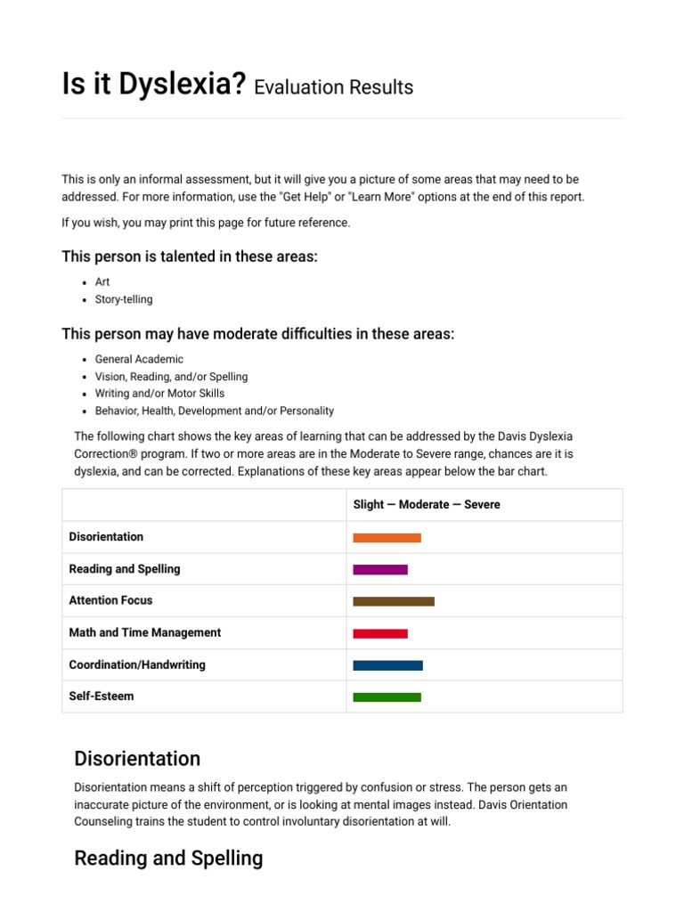Dyslexia Assessment (From Davis Dyslexia Association International) | PDF | Dyslexia | Attention