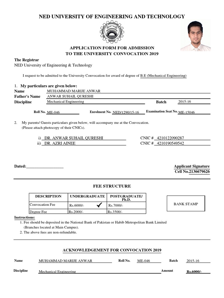 Ned University of Engineering and Technology: Application Form For ...