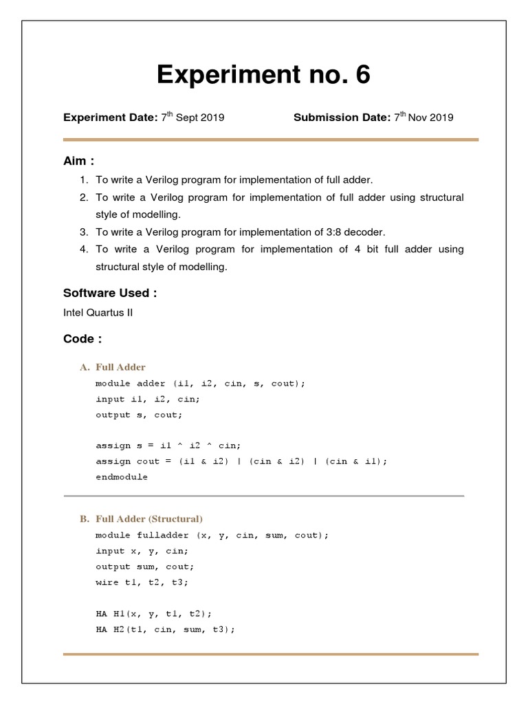 Implementation of Full Adders, 3:8 Decoder and 4-Bit Full Adder in Verilog - Experiment Report ...