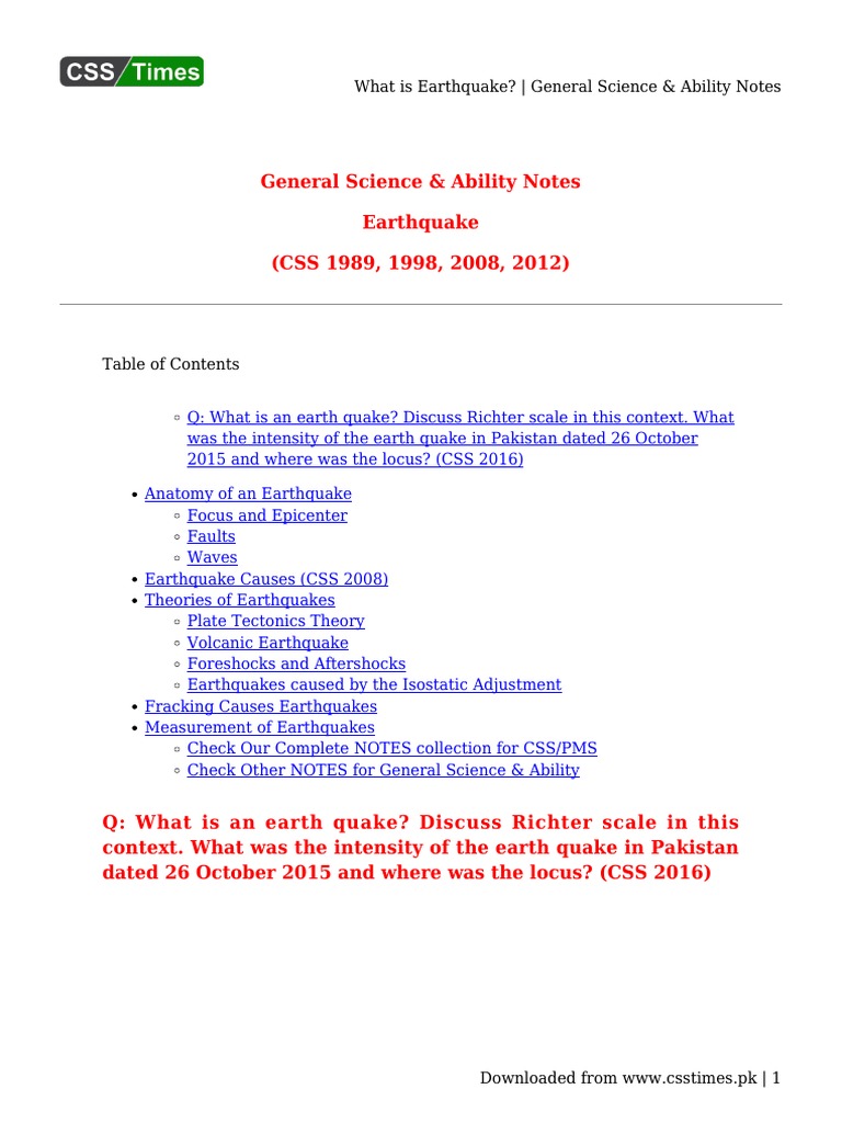 What Is Earthquake - General Science & - Ability Notes | PDF ...