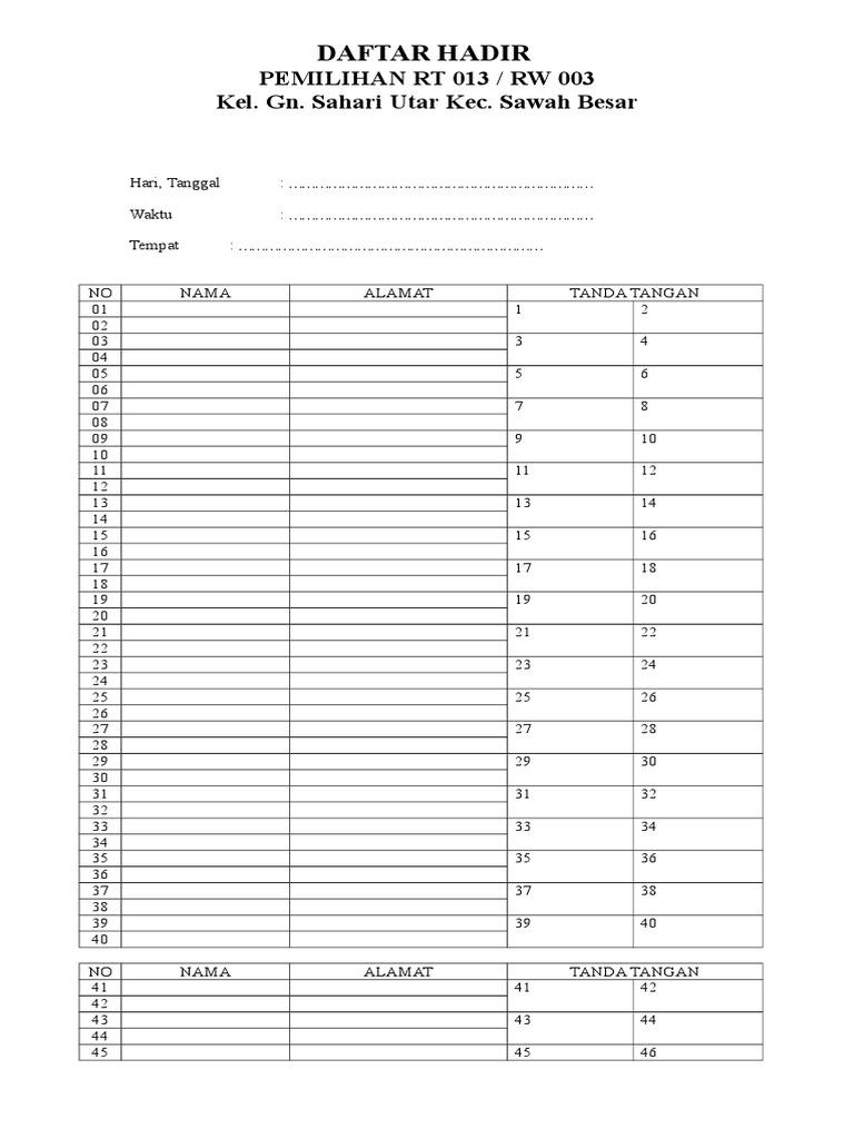 Contoh Format Daftar Hadir Rapat