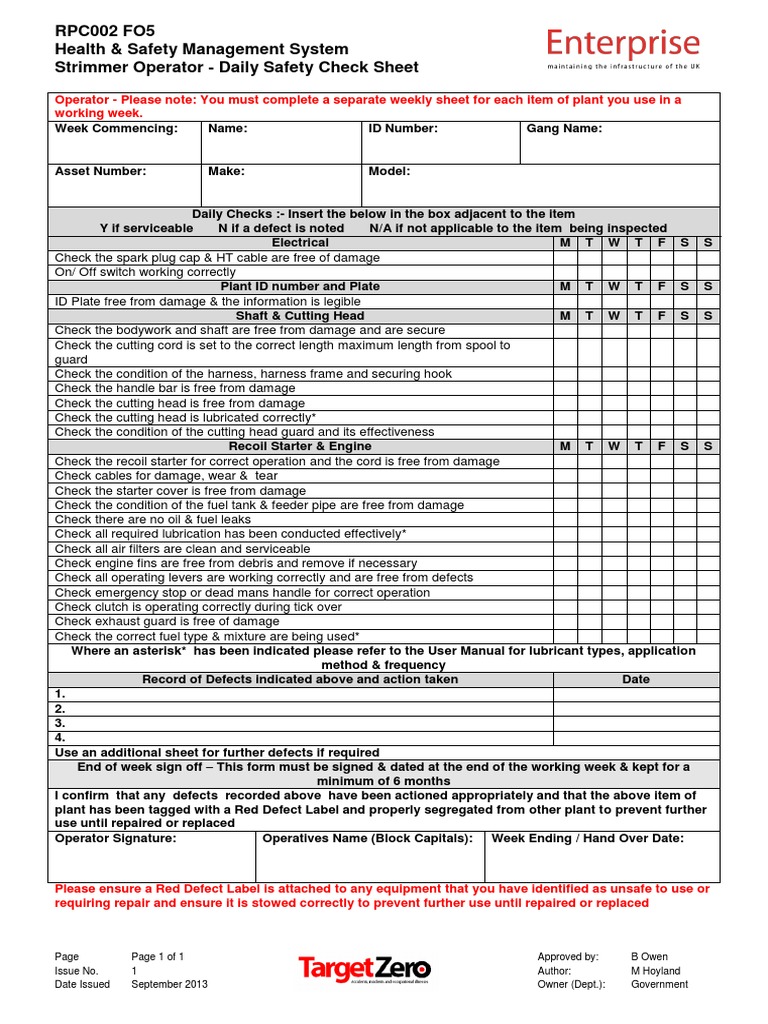 DCP002FO5 - Strimmer Daily Check Sheet | PDF | Equipment | Mechanical ...