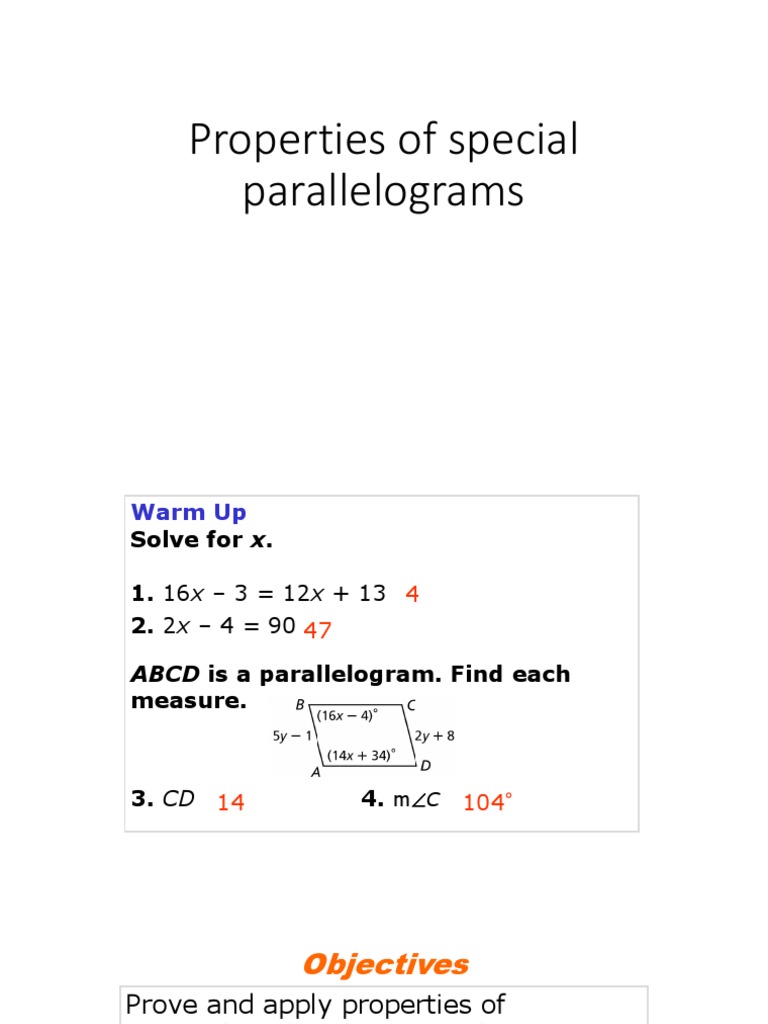 Properties of Special Parallelograms | PDF | Rectangle | Perpendicular