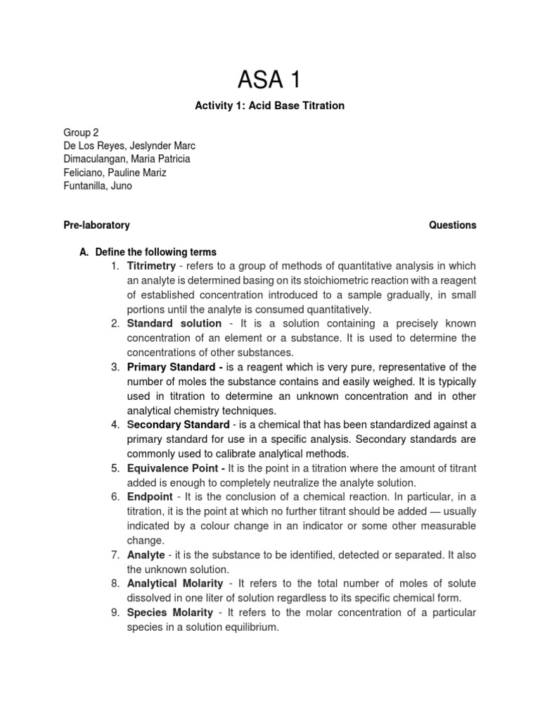 ASA 1 Analytical Chemistry 1 | PDF | Titration | Chemistry