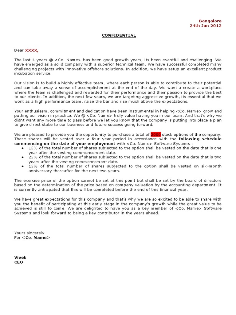 ESOP Offer Letter for Employees | PDF | Vesting | Option (Finance)