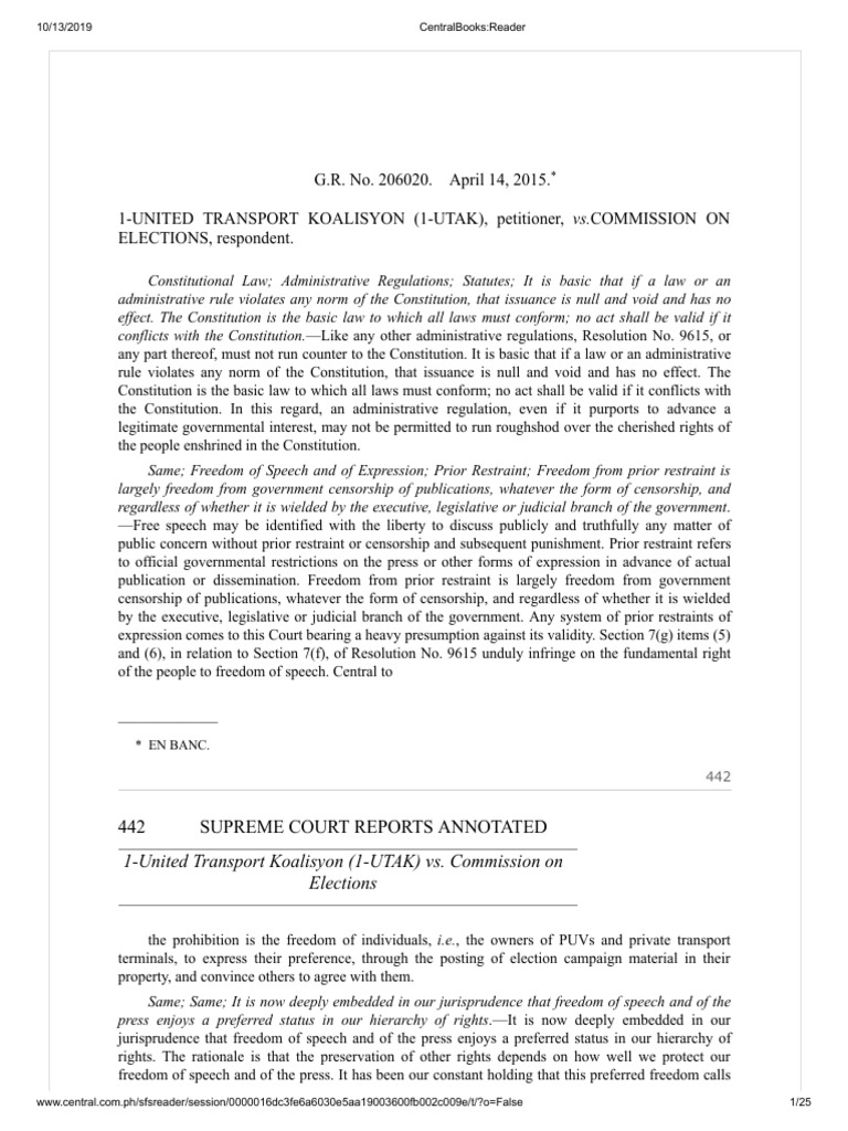 1-Utak vs. Comelec | PDF | Freedom Of Speech | Prior Restraint