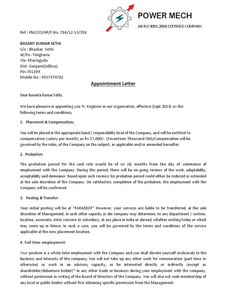Power Mech: Appointment Letter | PDF | Employment | Justice