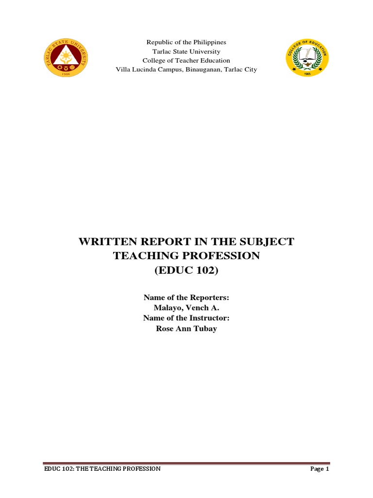 Written Report in The Subject Teaching Profession (EDUC 102) | PDF ... Written Report in The Subject Teaching Profession (EDUC 102) | PDF ...