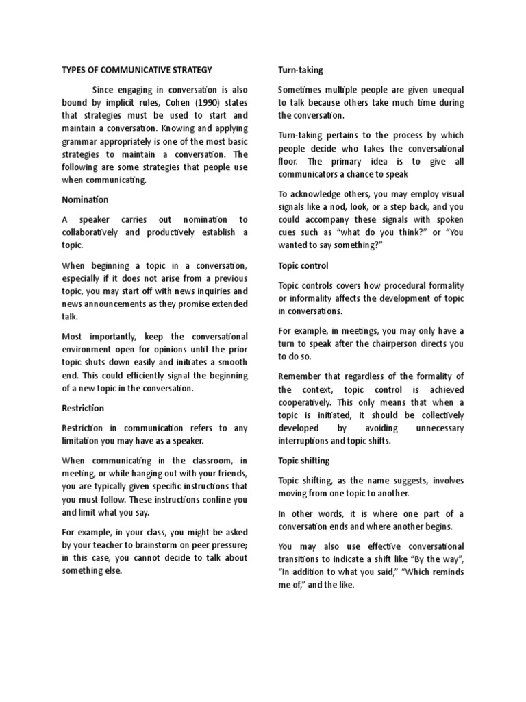 Types of Communicative Strategy | PDF | Conversation | Human Communication