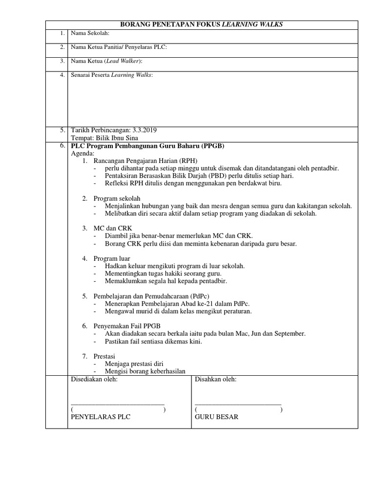 Borang Penetapan Fokus Learning Walks Kosong | PDF