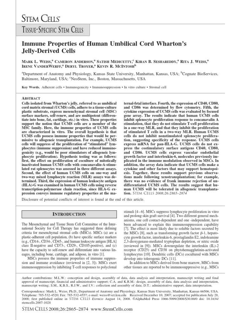 Immune Properties of Human Umbilical Cord Wharton Jelly Derived Cells | PDF | Mesenchymal Stem ...
