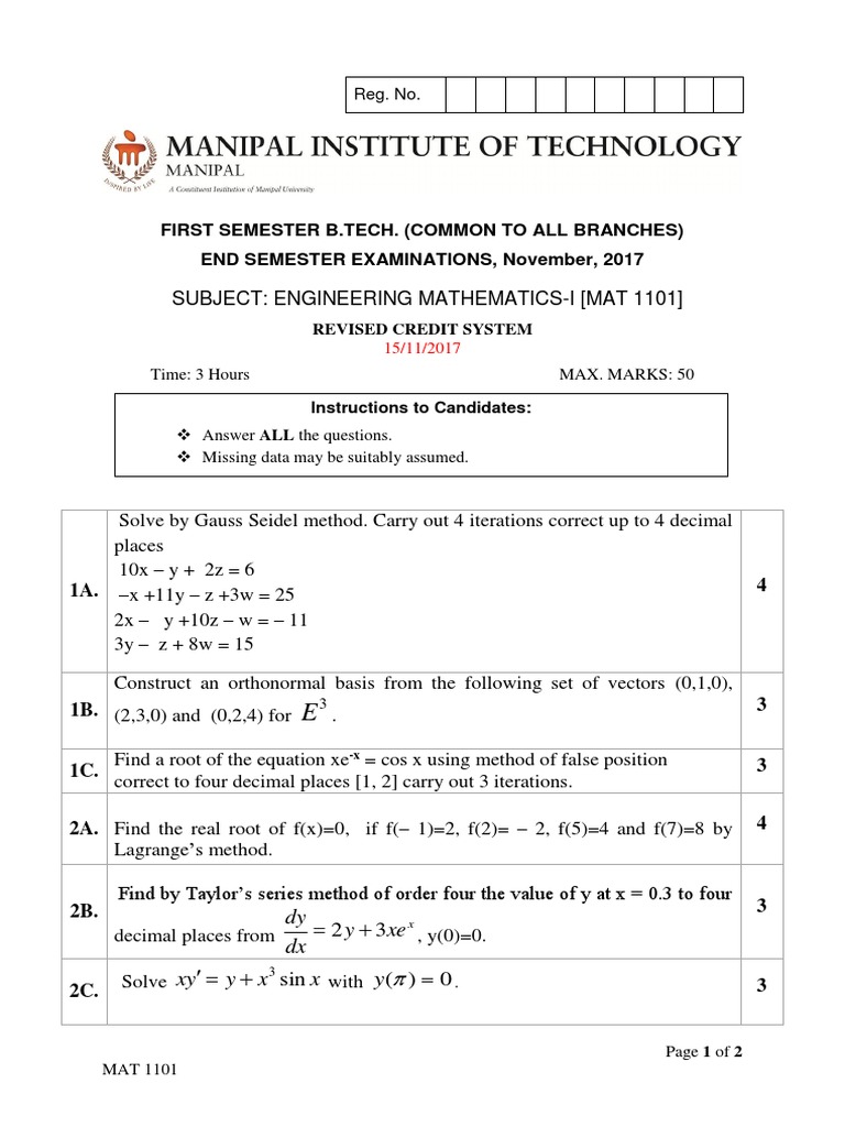 Engineering Mathematics I (MATH 1101) RCS | PDF | Basis (Linear Algebra ...