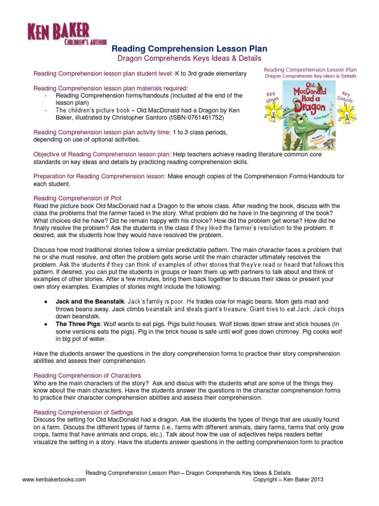 Reading Comprehension Lesson Plan | PDF | Jack And The Beanstalk ...