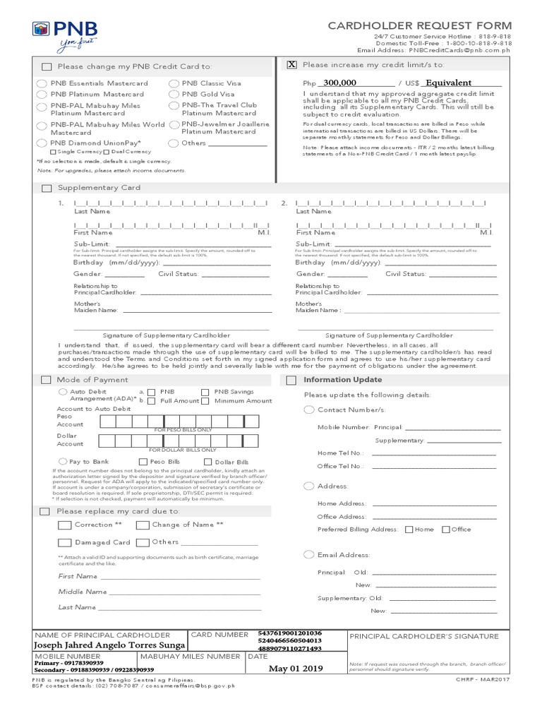 PNB Cardholder Request Form | PDF | Credit Card | Payments