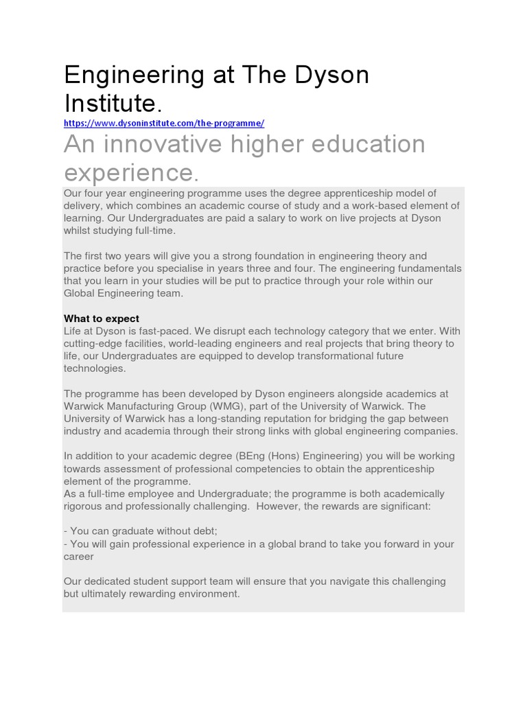 Dyson Institute Engineering Degree Program | PDF