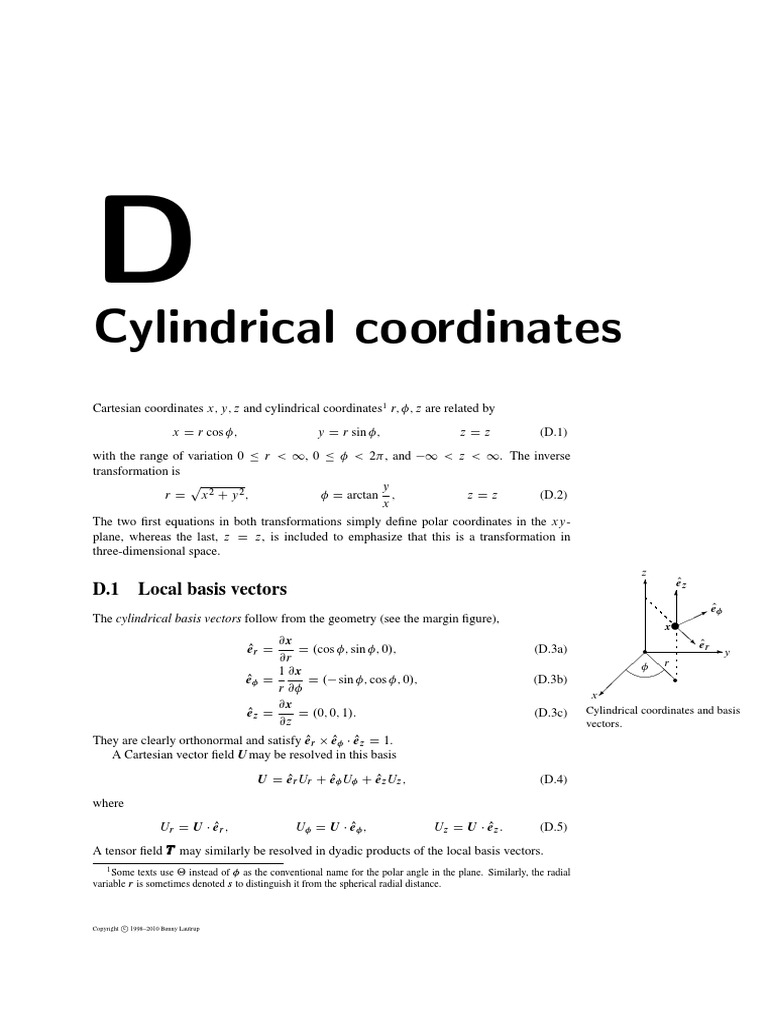 Cylindrical Coordinates: D.1 Local Basis Vectors | PDF | Gradient ...