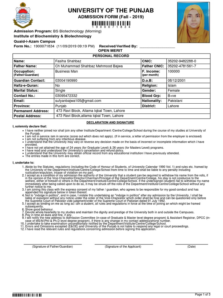 University of The Punjab: ADMISSION FORM (Fall - 2019) | PDF | Academic ...