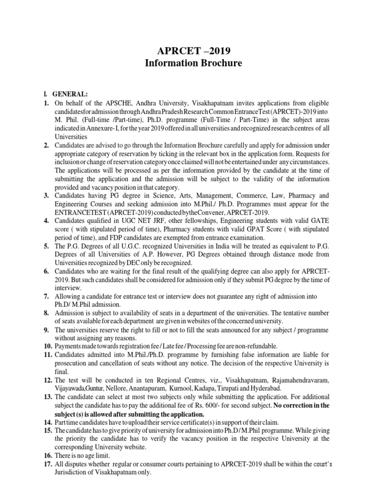 APRCET 2019 M.Phil/Ph.D Admission Guide | PDF | Academic Degree ...