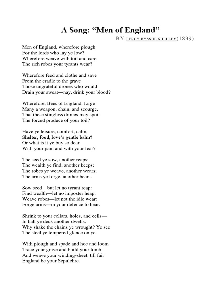 A Song: "Men of England": Percy Bysshe Shelley | PDF | William Blake