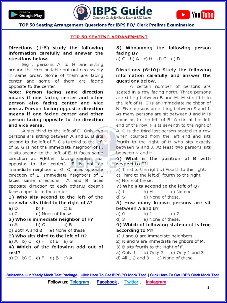 TOP 50 Seating Arrangement Questions For IBPS PO and Clerk Prelims PDF ...