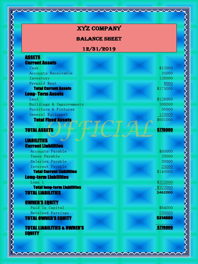 Xyz Company: Balance Sheet 12/31/2019 | PDF