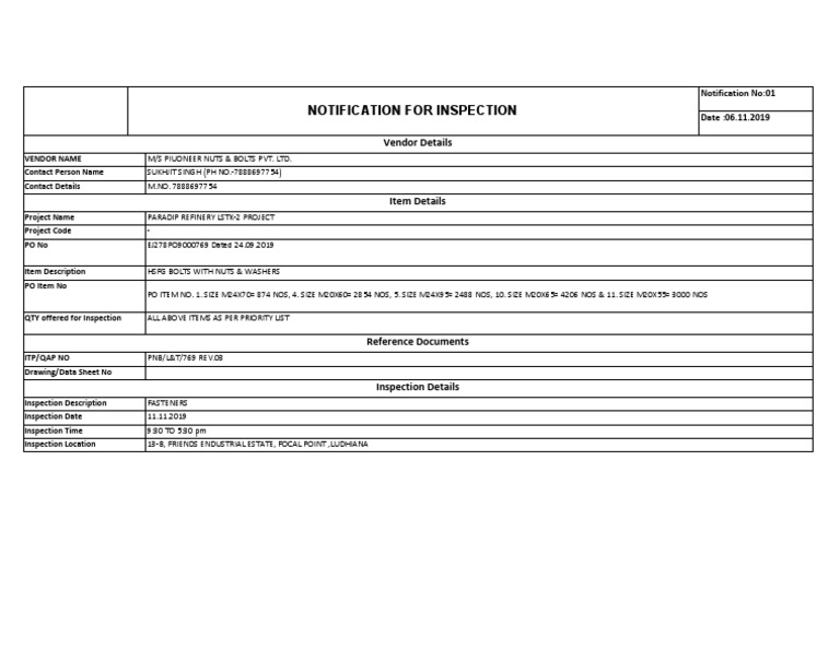 Notification For Inspection: Vendor Details | PDF