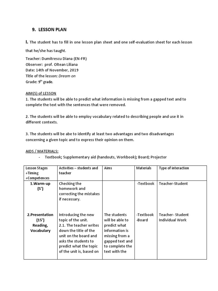 Lesson Plan I.:: 9 Grade | PDF | Vocabulary | Lesson Plan