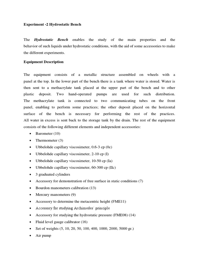 Experiment 2 - Hydrostatic Bench | PDF | Pressure Measurement | Fluid Mechanics