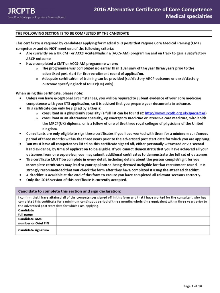 2016 Alternative Certificate of Core Competence Medical Specialties ...
