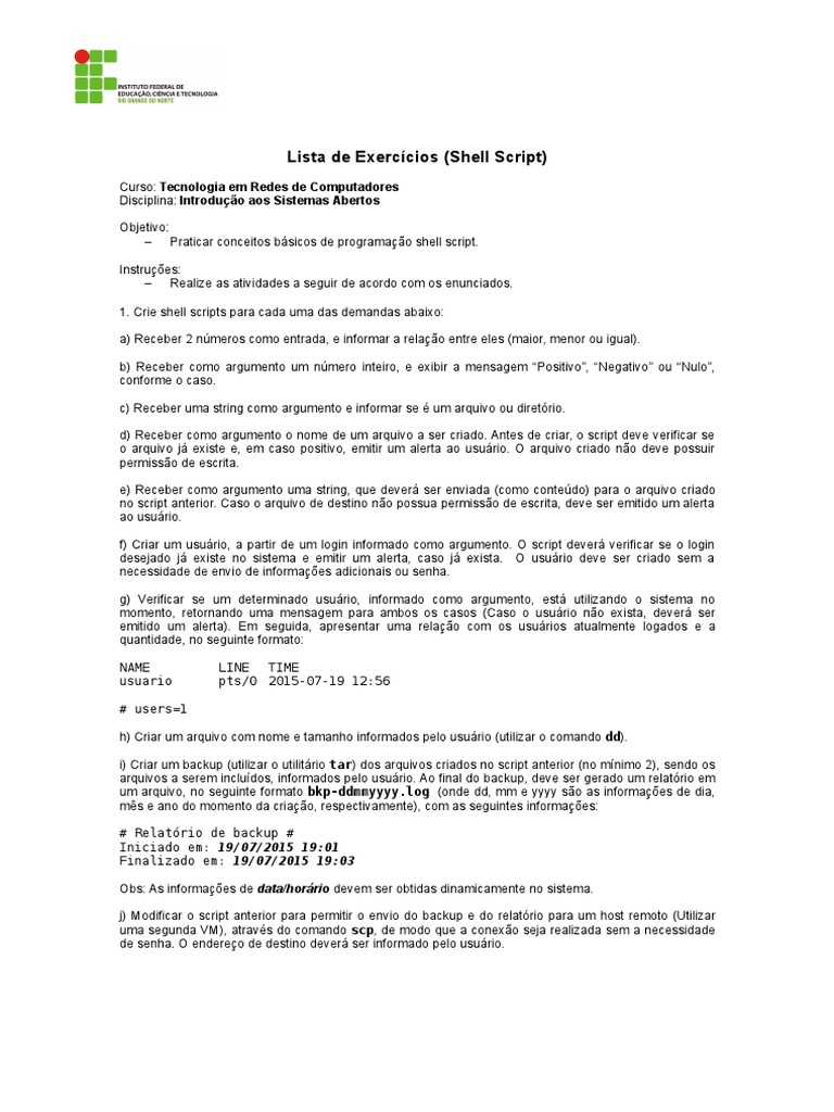 Lista Shell Script | PDF | Shell (informática) | Linguagem de script