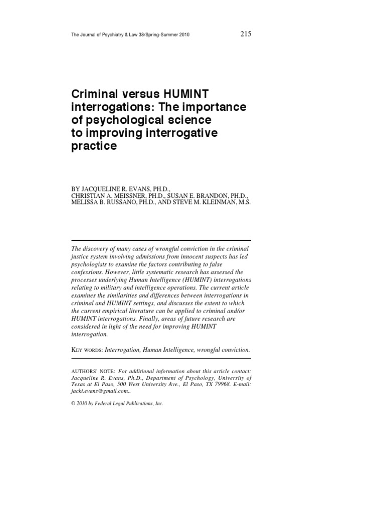 Criminal Vs HUMINT Interrogations, The Importance of Psychological ...