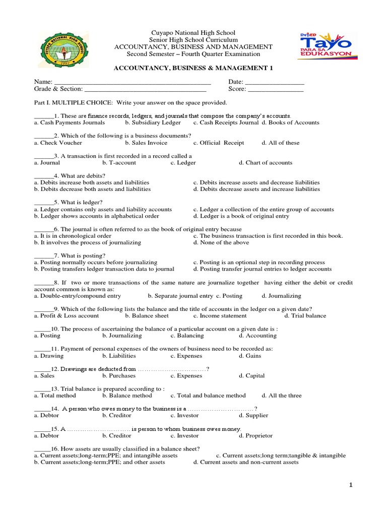 FABM 1-Exam Fourth Quarter | PDF | Debits And Credits | Deferral