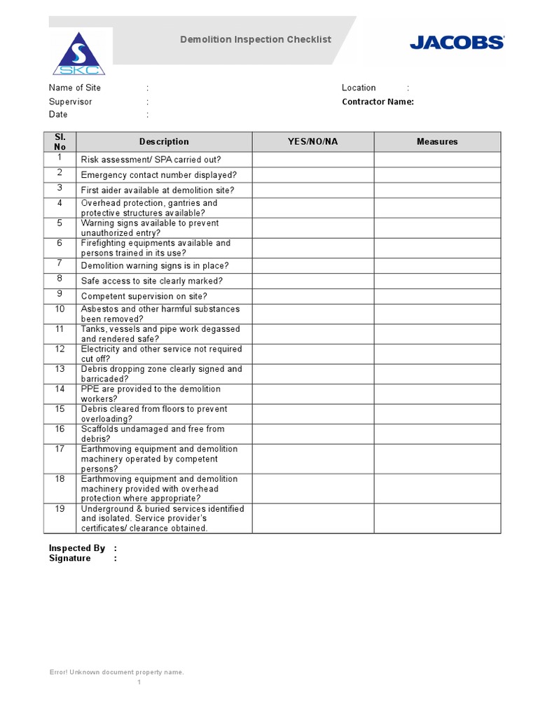 Sl. No Description Yes/No/Na Measures: Demolition Inspection Checklist ...