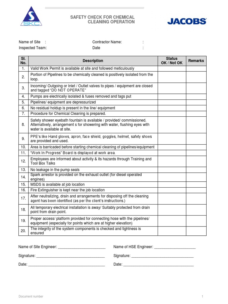 Safety Check For Chemical Cleaning Operation: SI. No. Description ...