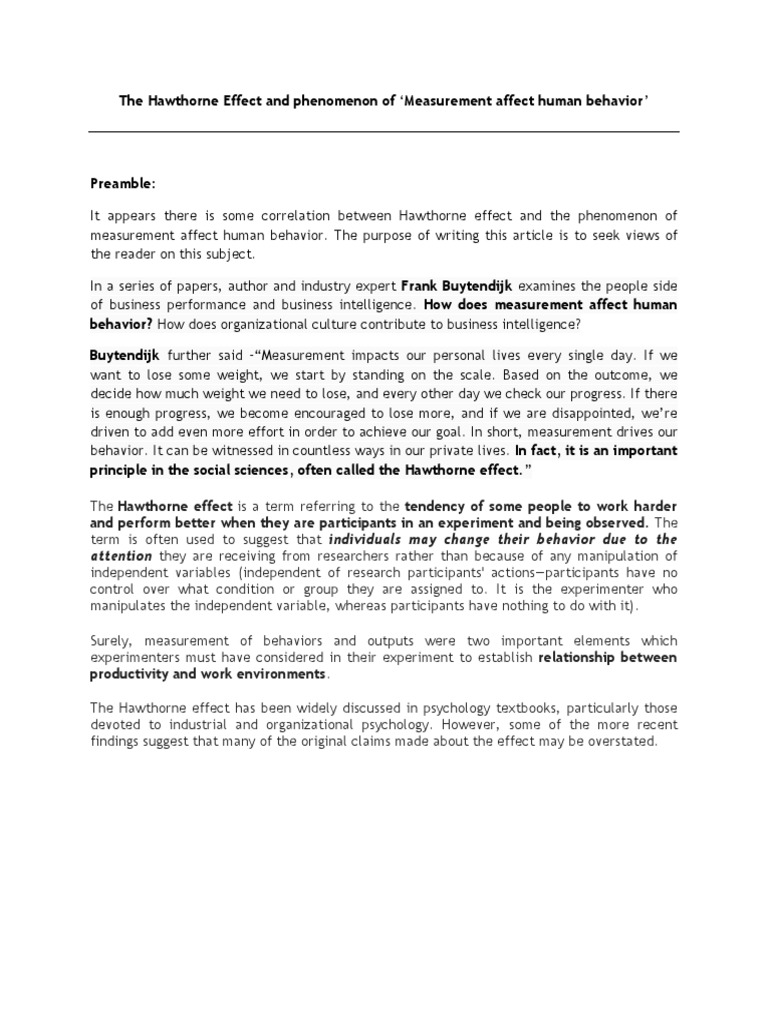 And Perform Better When They Are Participants in An Experiment and Being Observed. The | PDF ...