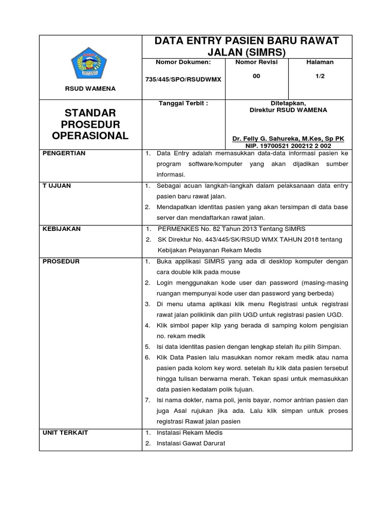 Spo Data Entry Pasien Baru Rawat Jalan (Simrs) | PDF