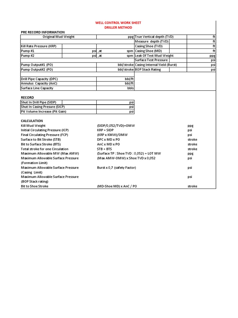 Pre Record Information: Driller Method Well Control Work Sheet | PDF ...